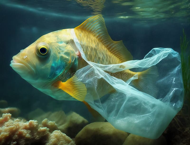 Fish Swim between Plastic Debris in the Ocean or Sea, Blue Water Full ...