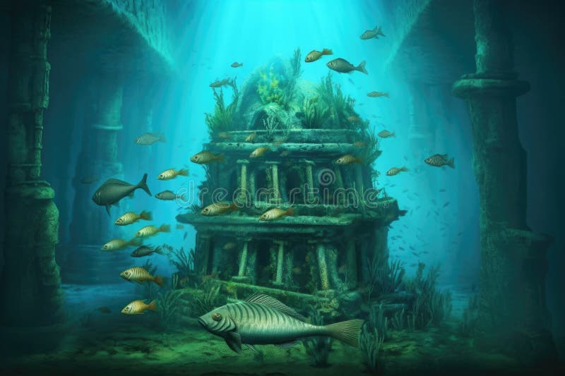 Fish Swimming Around a Forgotten Underwater Monument Stock Illustration ...