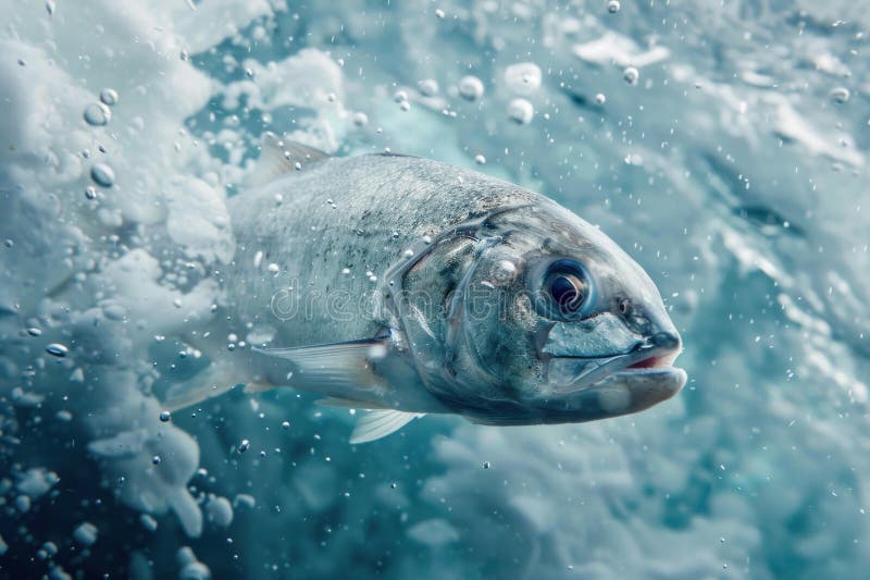 Fish Swimming through Blue Water with Air Bubbles Stock Photo - Image ...