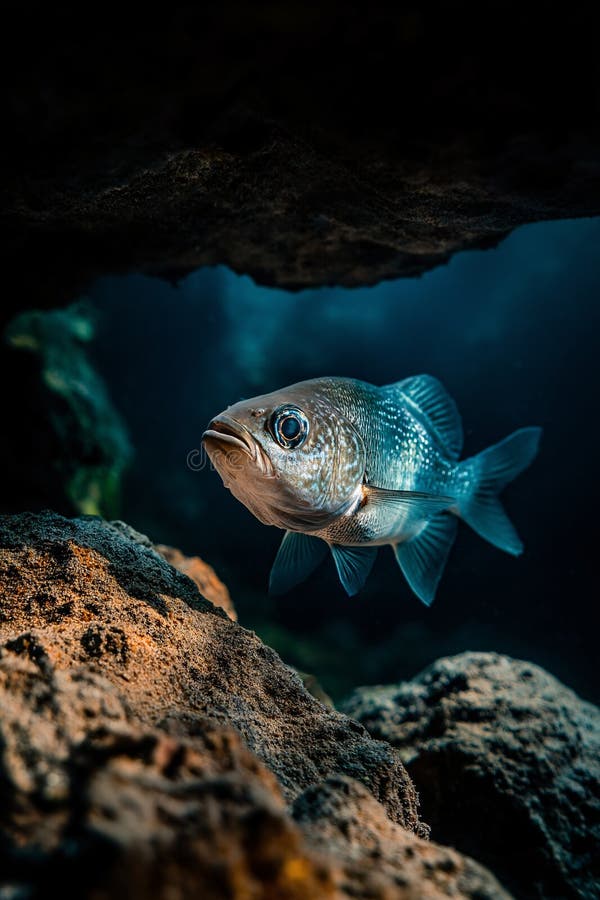 Fish Swimming in Dark Underwater Cavern with Rocky Foreground. Stock ...