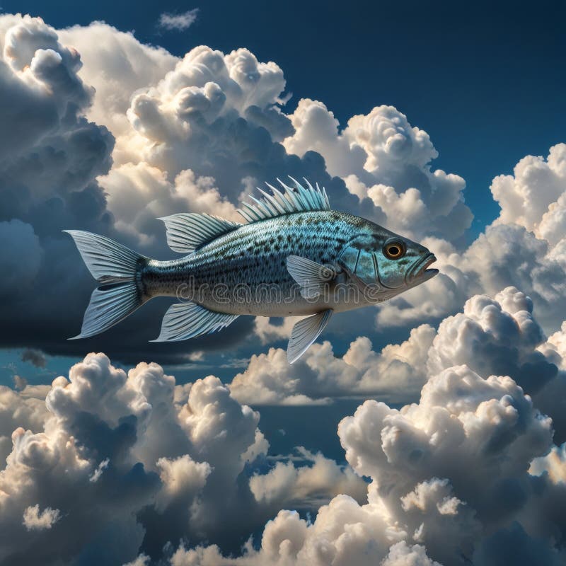 A Fish Swimming through Fluffy Clouds, Imaginative and Bizarre. Stock ...