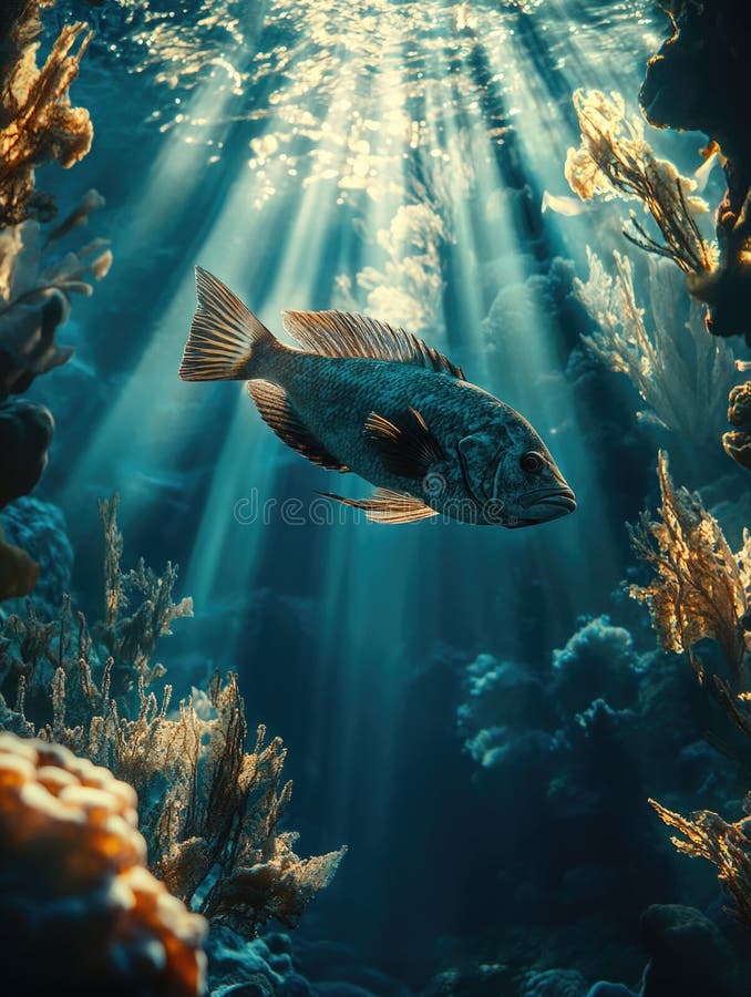Fish Swimming Ocean Sun stock image. Image of underwater - 380147277