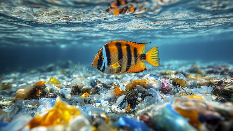 A Fish Swimming through a Patch of Plastic Waste Stock Illustration ...