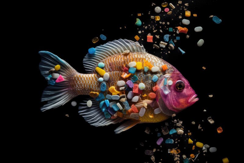 A Fish Swimming in a Tank, Surrounded by Microplastics Stock ...
