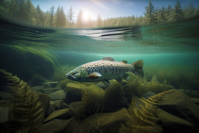 Fish Swimming Under Water, with Landscape Above the Surface - AI ...