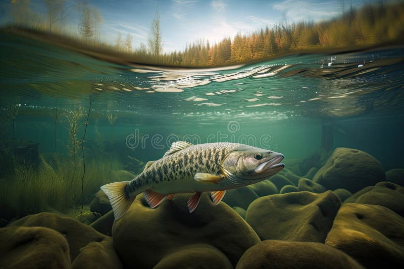 Fish Swimming Under Water, with Landscape Above the Surface - AI ...