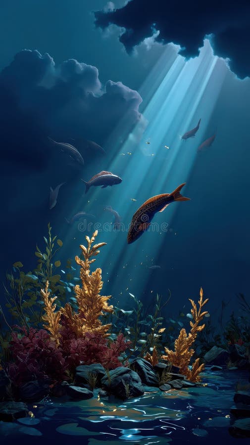 Fish Swimming Underwater with Light Rays Shining through the Surface ...