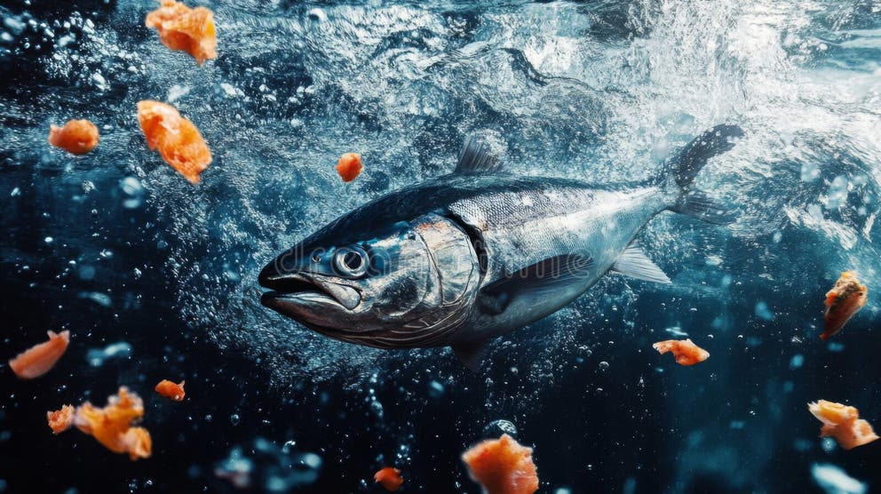 Fish Swimming Underwater with Orange Particles Stock Illustration ...