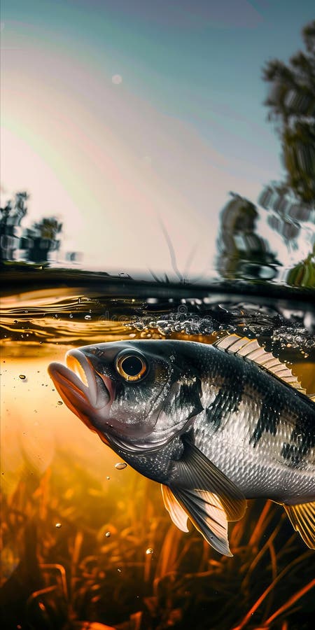 A Fish Swimming in the Water with Grass and Trees Stock Photo - Image ...