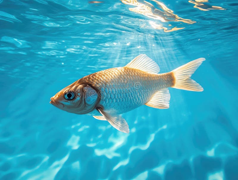 A Fish Swims in a Pool with Sunlight Shining through the Water Stock ...