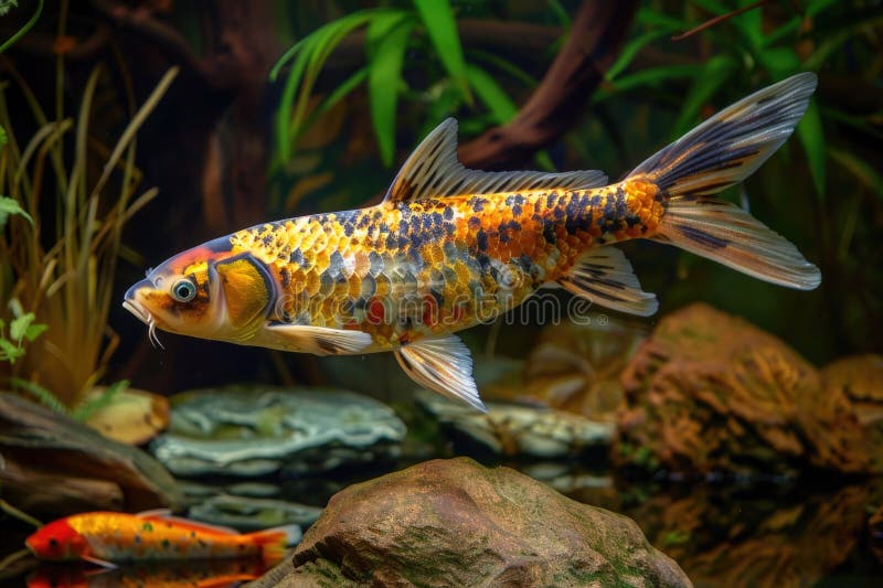 A Fish Swims among Rocks and Plants in an Aquarium Stock Image - Image ...