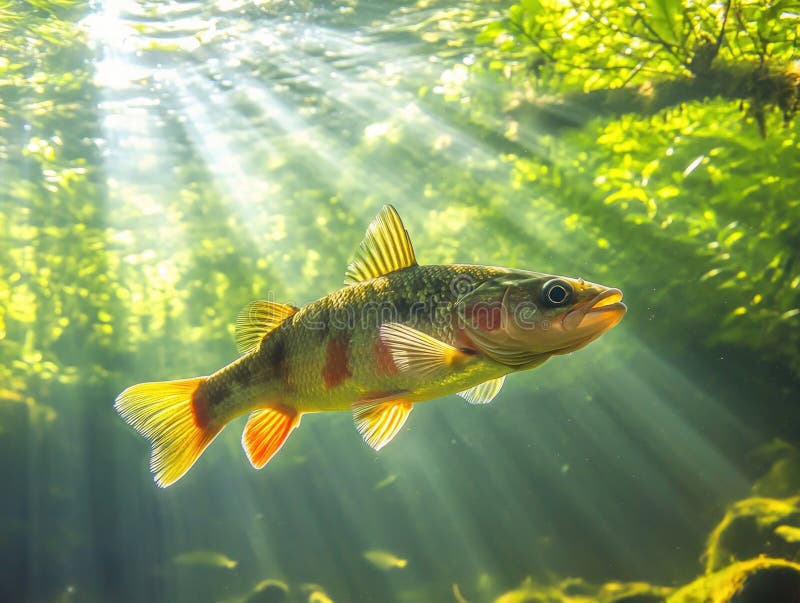 A Fish Swims Underwater with Sunlight Shining through the Water Stock ...