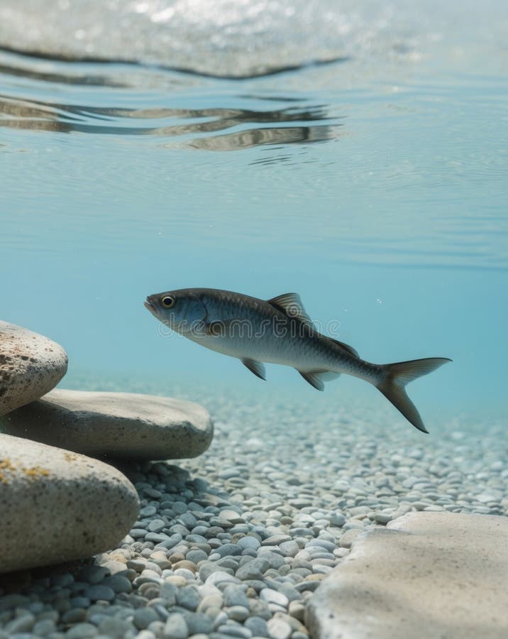 A Fish Swims in the Water beside Rocks and a Pebbled Bottom. Stock ...