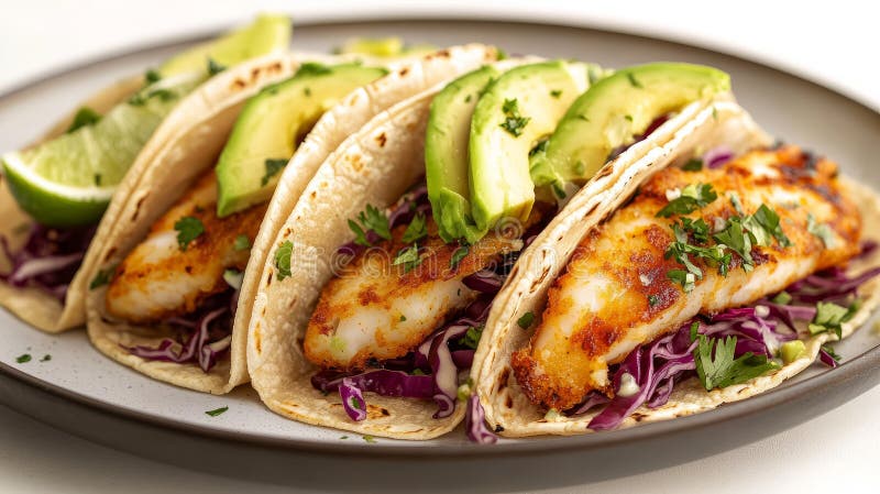 Fish Tacos with Avocado, Lime, and Garnish on a Plate. Stock Image ...