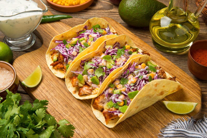 Fish Tacos with Ingredients on an Old Wooden Table. Stock Photo - Image ...