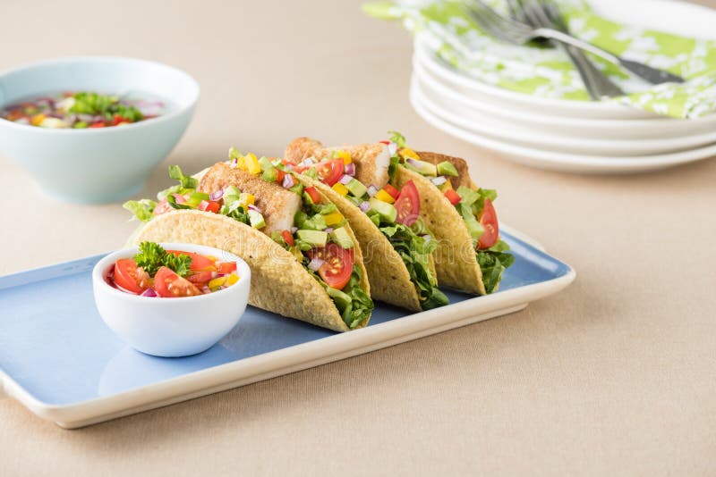 Fish Tacos Shell with Avocado Salsa Stock Photo - Image of cheese ...