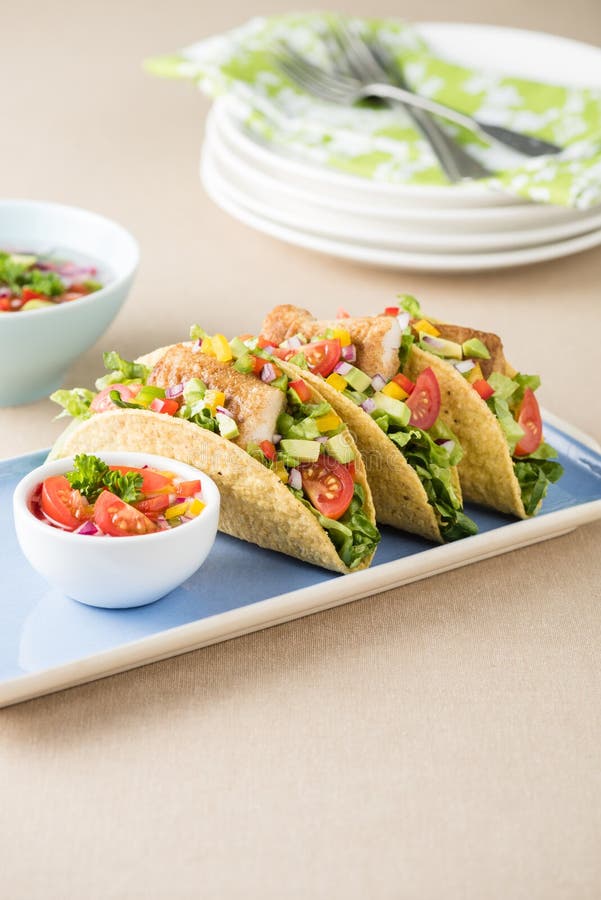 Fish Tacos Shell with Avocado Salsa Stock Image - Image of beans, cream ...