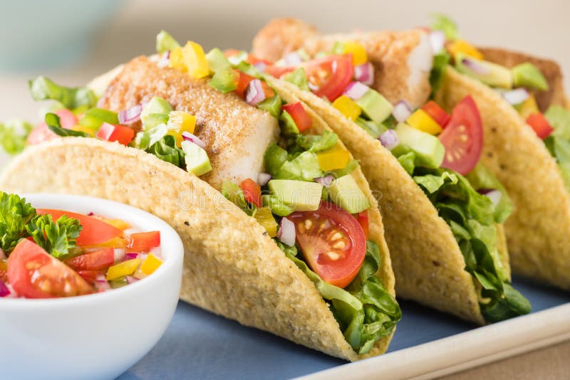 Fish Tacos Shell with Avocado Salsa Stock Image - Image of fish, food ...