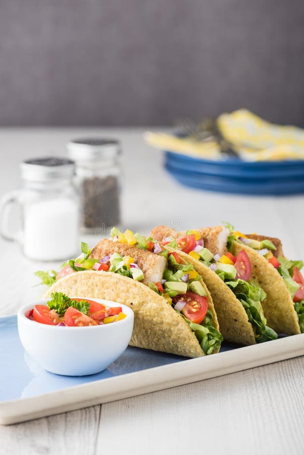 Fish Tacos Shell with Avocado Salsa Stock Image - Image of dips ...