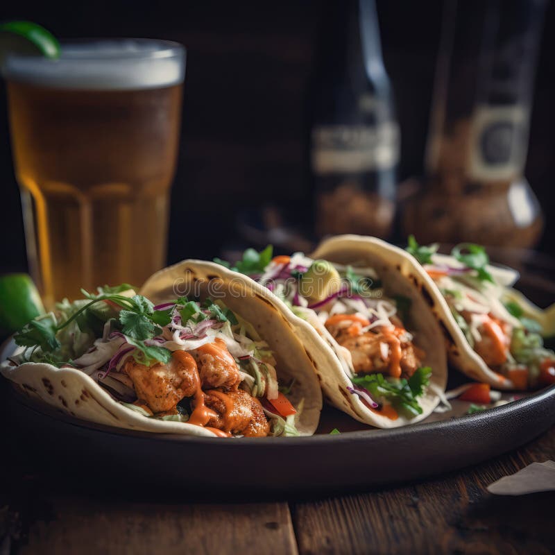 Fish Tacos on Stone in Rustic Pub. Generative AI Stock Illustration ...