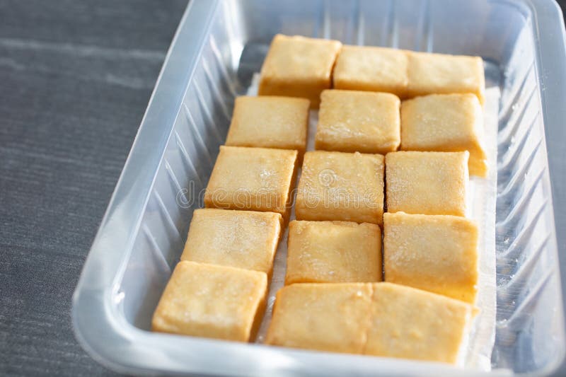 Fish Tofu Squares Cake, Plastic Container Stock Photo - Image of market ...