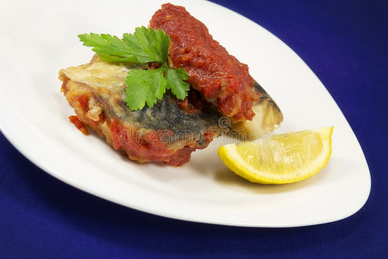 Fish with Tomato Sous on Plate. Stock Photo - Image of green, grilled ...