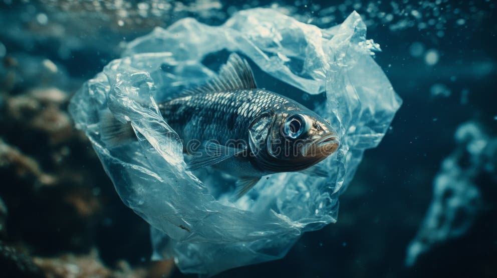 Fish Trapped in Plastic Bag Underwater Stock Image - Image of ...