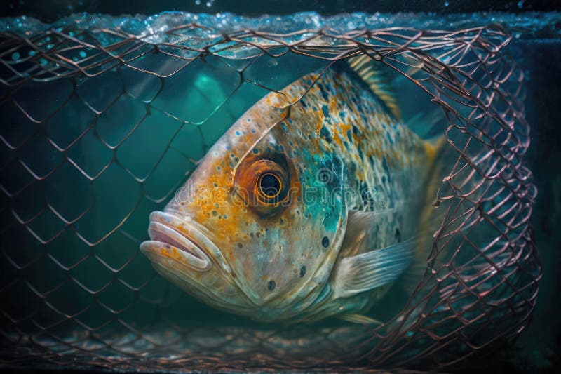 Fish Trapped Underwater. Fish in a Cage. Poaching and Destruction of ...