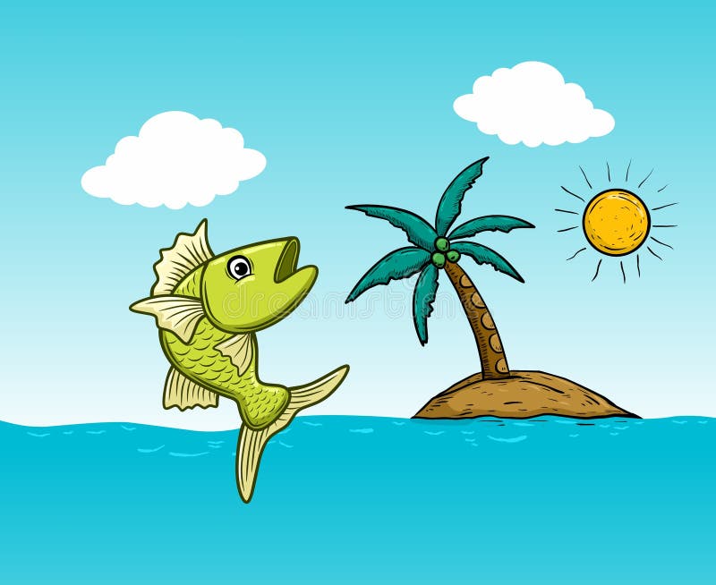 Fish and Tropical Island with Palm Trees Stock Illustration ...