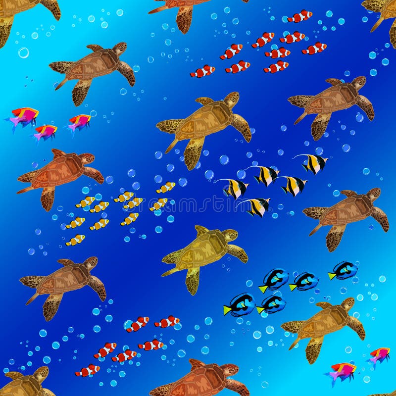 Fish and Turtles in the Pattern. Stock Vector - Illustration of bottom ...