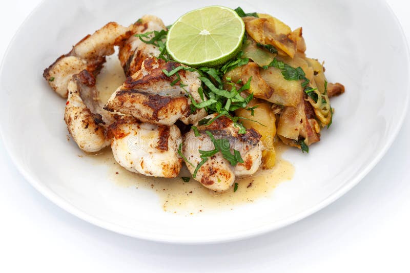 Fish and Vegetable Dish on a White Background Stock Image - Image of ...