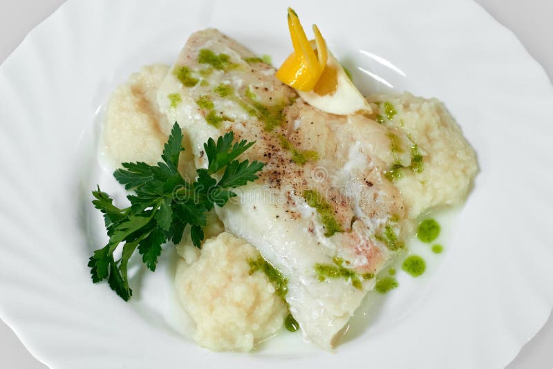 Fish with vegetable puree stock image. Image of seafood - 222617081