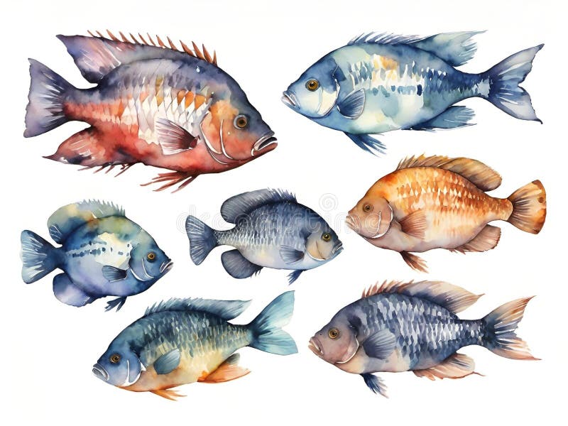 Fish Watercolor Fish, Hand Drawn Set Stock Illustration - Illustration ...