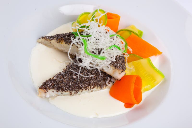Fish in White Sauce with Vegetables Stock Photo - Image of product ...