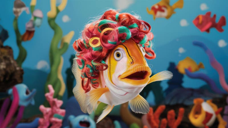 A Fish with a Wig on Its Head in an Aquarium, AI Stock Photo - Image of ...