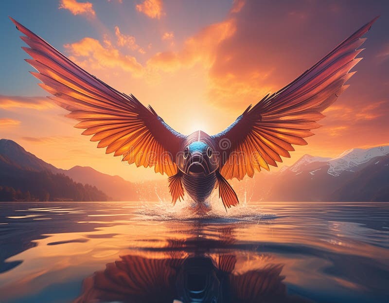 A Fish with Wings Taking Off from Water Stock Illustration ...