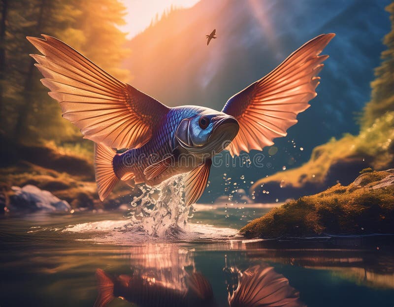 A Fish with Wings Taking Off from Water Stock Illustration ...