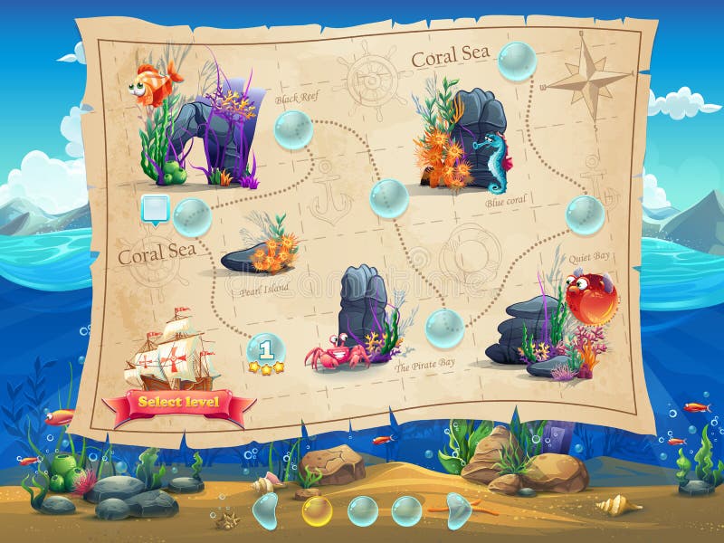 Fish World - Illustration Example Screen Levels, Game Interface Stock ...
