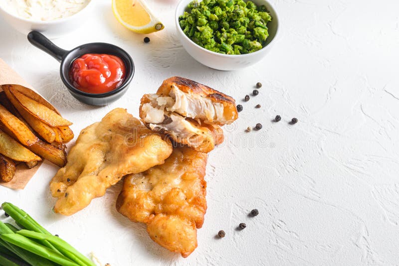 Fishand Chips Battered Crispy Cod Fillet Detail with Dip and Lemon in a ...