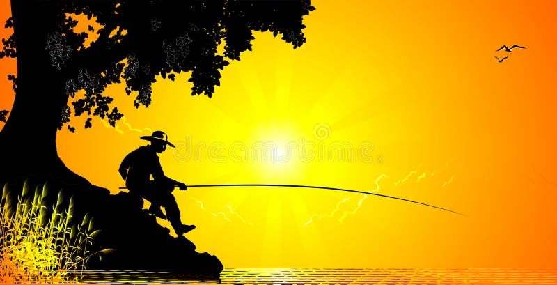 Fisher Catches a Fish on Sunset Background Stock Vector - Illustration ...