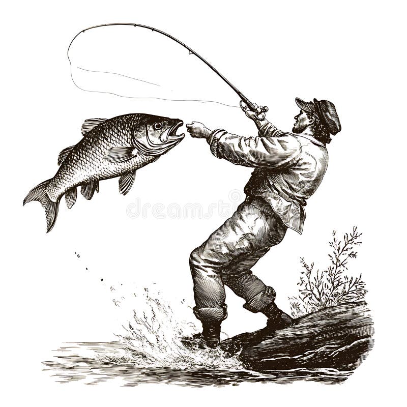 Fisherman Battling Large Fish by Riverbank Stock Illustration ...
