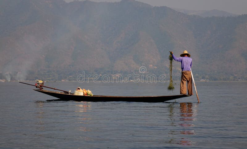 A Fisherman with the Boat on Lake in Inle, Myanmar Editorial Image ...