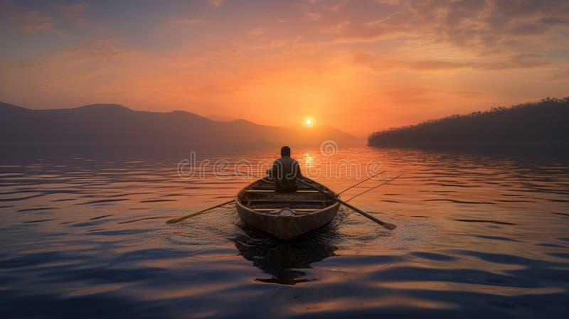 Fisherman in the Boat at Sunrise Back View. Generative AI Stock ...