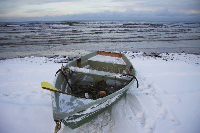 Fisherman Boat. Winter Landscape from the Seashore. Stock Image - Image ...