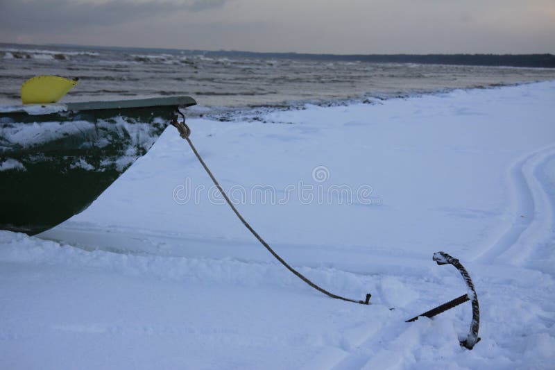 Fisherman Boat in Winter by the Seashore. Stock Image - Image of ...