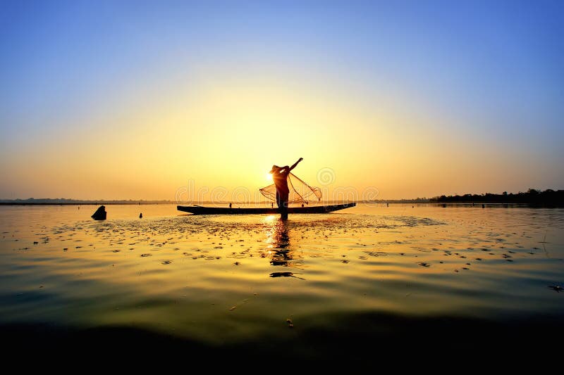 The Fisherman Cast a Boat on His Boat Stock Image - Image of freshwater ...