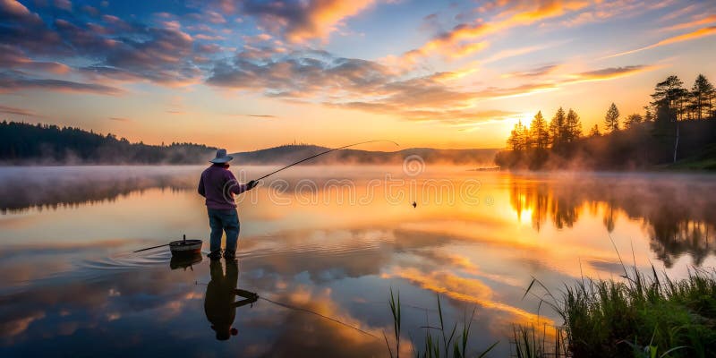 Fisherman Casting Line into Still Lake at Dawn Stock Illustration ...