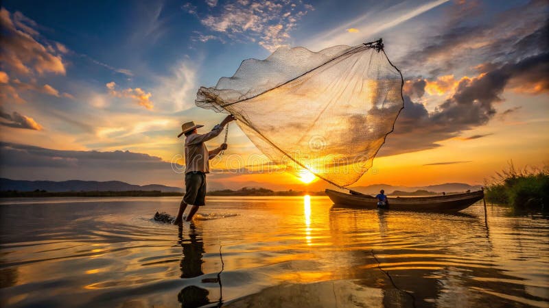 A Fisherman Casting a Net into the River at Sunset Stock Illustration ...