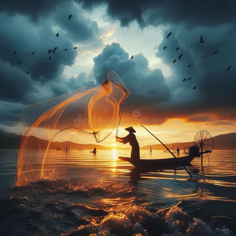 Fisherman Casting a Net into the Water, Photo V Stock Image - Image of ...