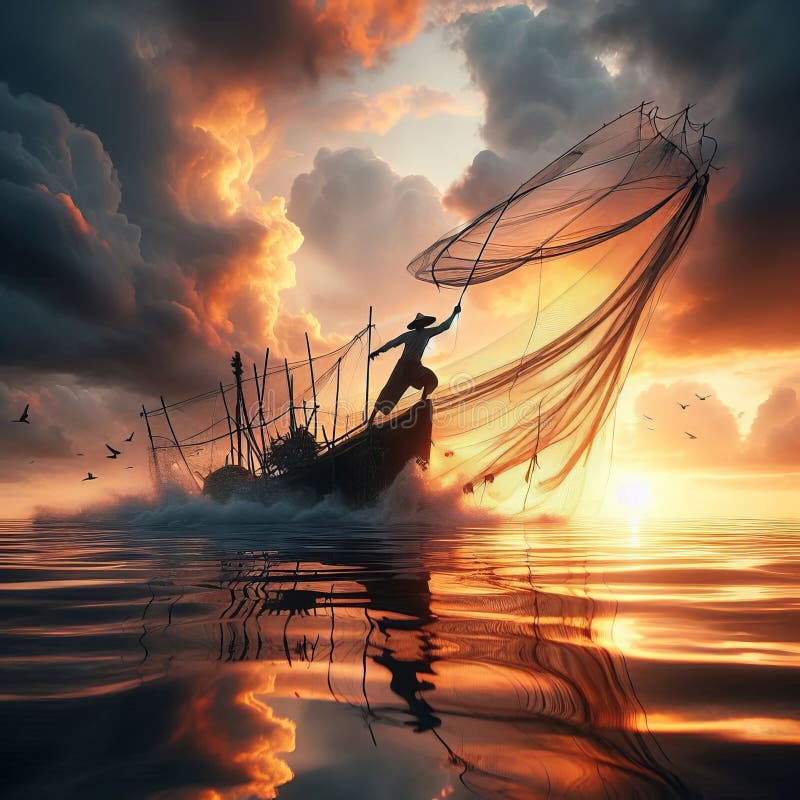 Fisherman Casting a Net into the Water, Photo V Stock Image - Image of ...